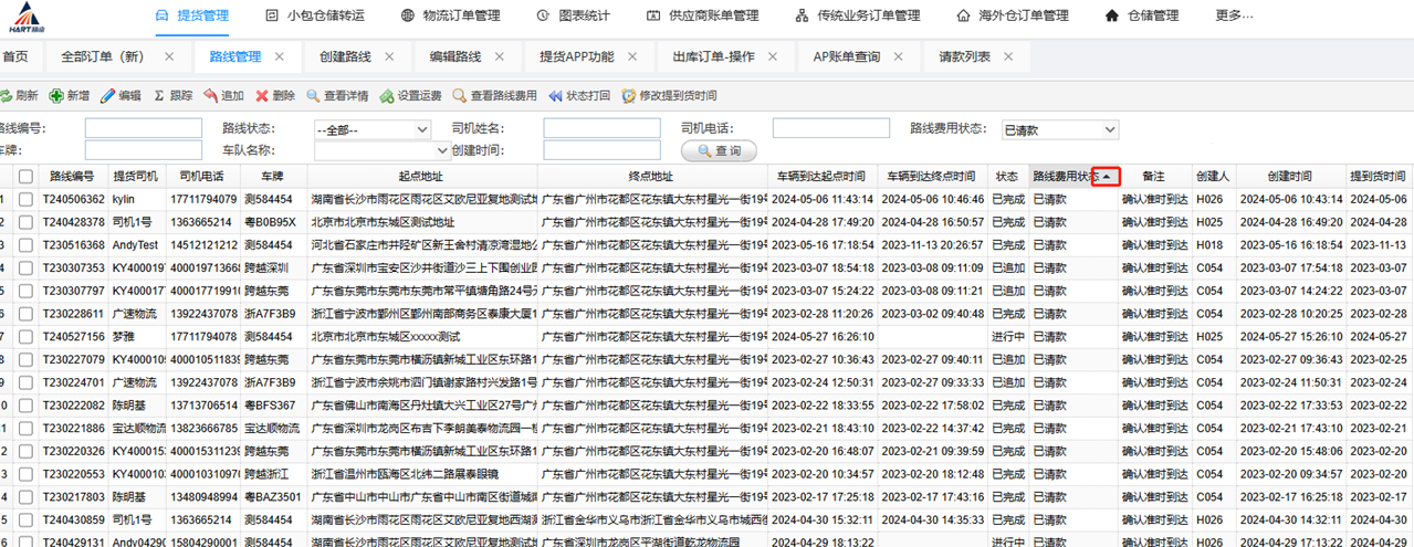 Bug 3345 【提货管理 路线管理】点击角标后没实现自动升序或自动降序 物流管理系统 禅道